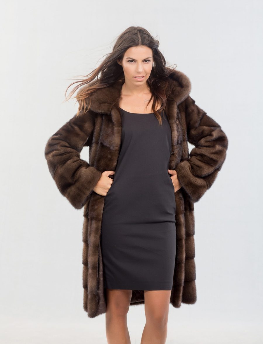 Brown Mink Fur Coat With Hood - 100% Real Fur Coats - Haute Acorn