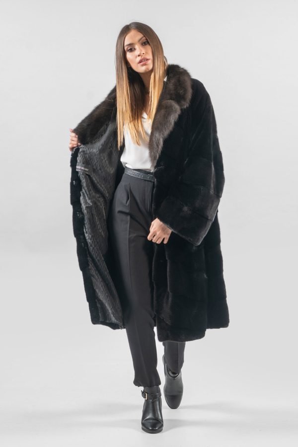 Schwarzer Nerz lange Pelz Jacke mit Zobel Kragen - Haute Acorn