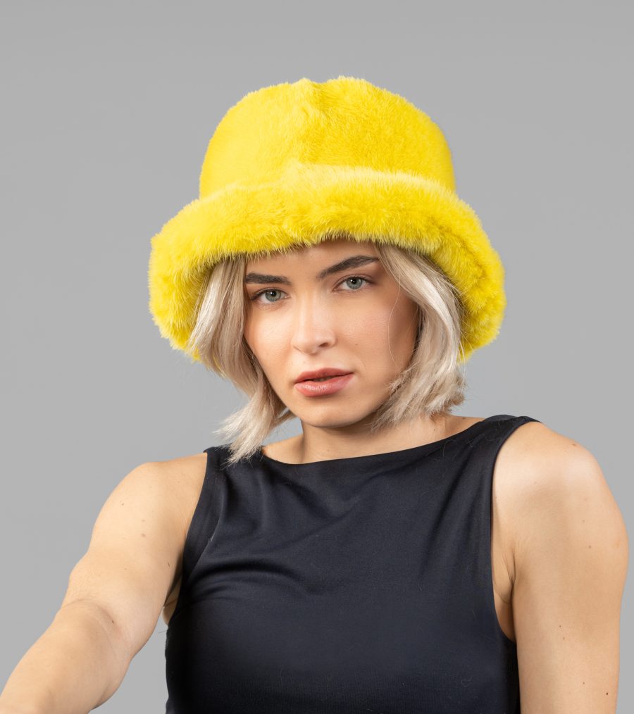 Yellow Mink Fur Bucket Hat.100% Real Fur Accessories