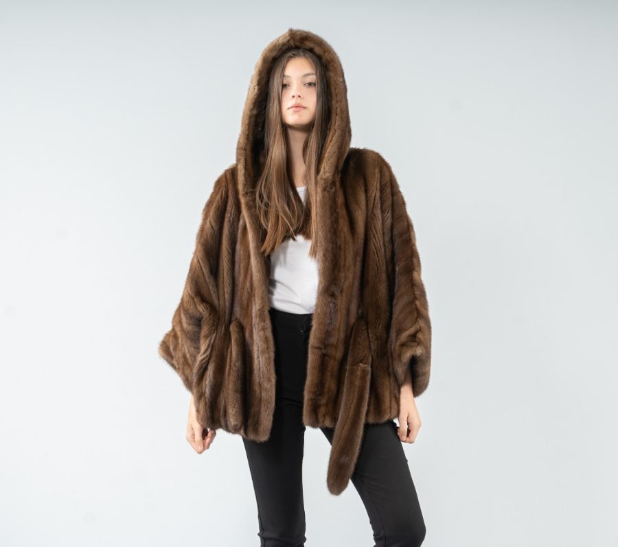 Hooded Demi Buff Mink Fur Cape - 100% Real Fur