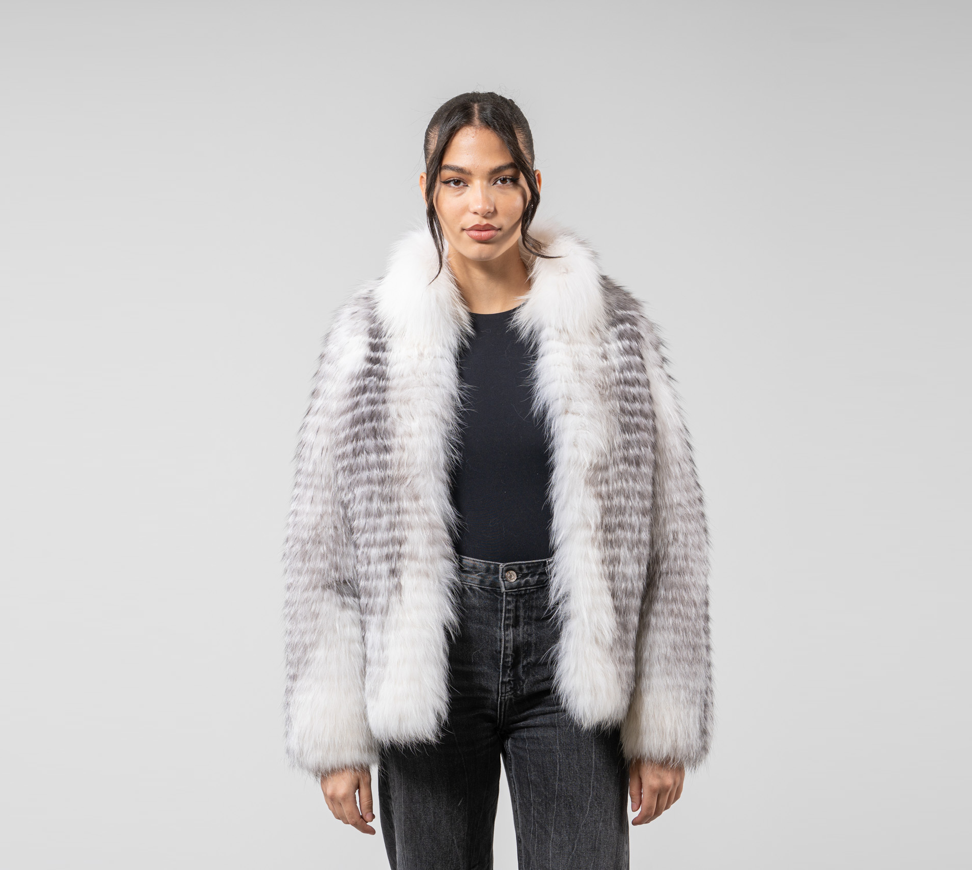 Black Cross Fox Fur Jacket With Short Collar - 100% Real Fur